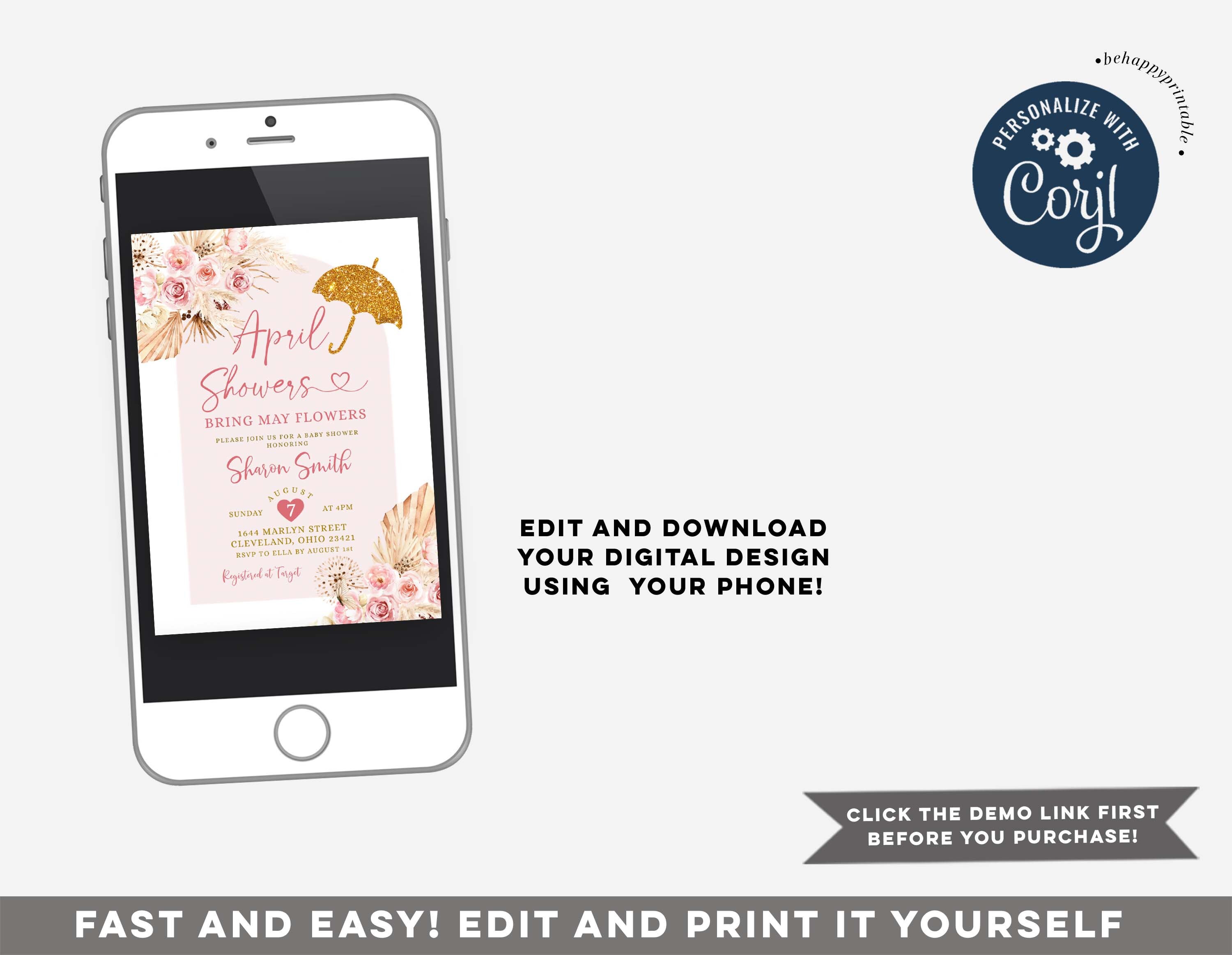 Editable Boho Pink April Showers Baby Shower Invitation, Gold Umbrella ...