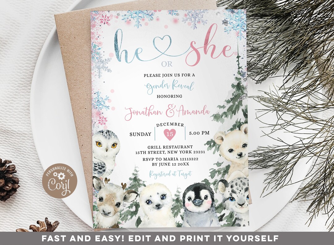 Editable Winter Animal Gender Reveal Invitation He or She - Etsy