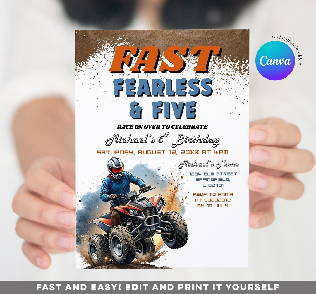 Editable Fast Fearless & FIVE Racing Birthday Invitation, Muddy ATV Any ...