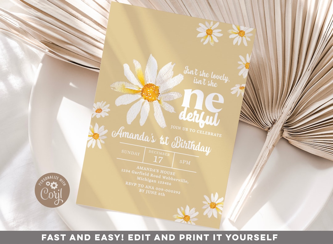 Editable Yellow BOHO Girl's 1st Birthday Daisy Invitation, Hippy Spring ...