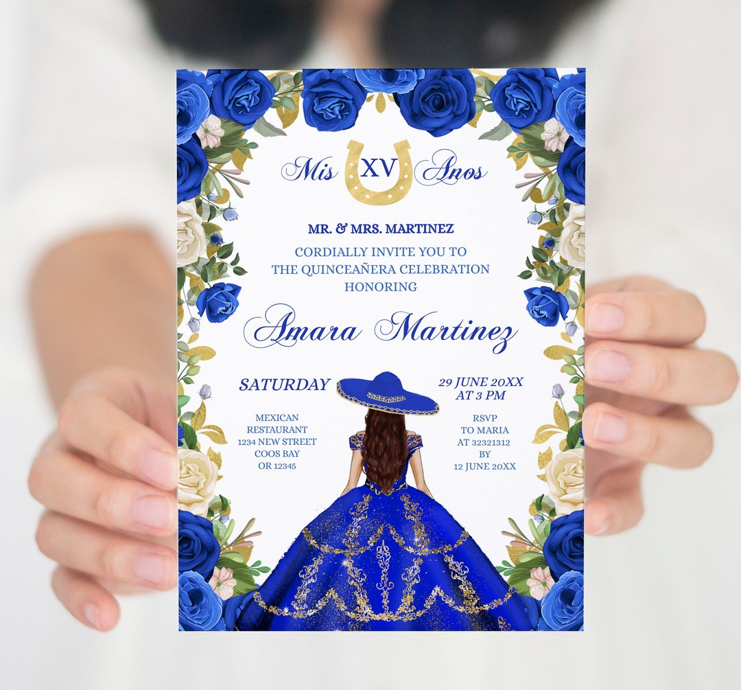Editable Princess Royal Blue Invitation, Fiesta Floral White and Blue ...