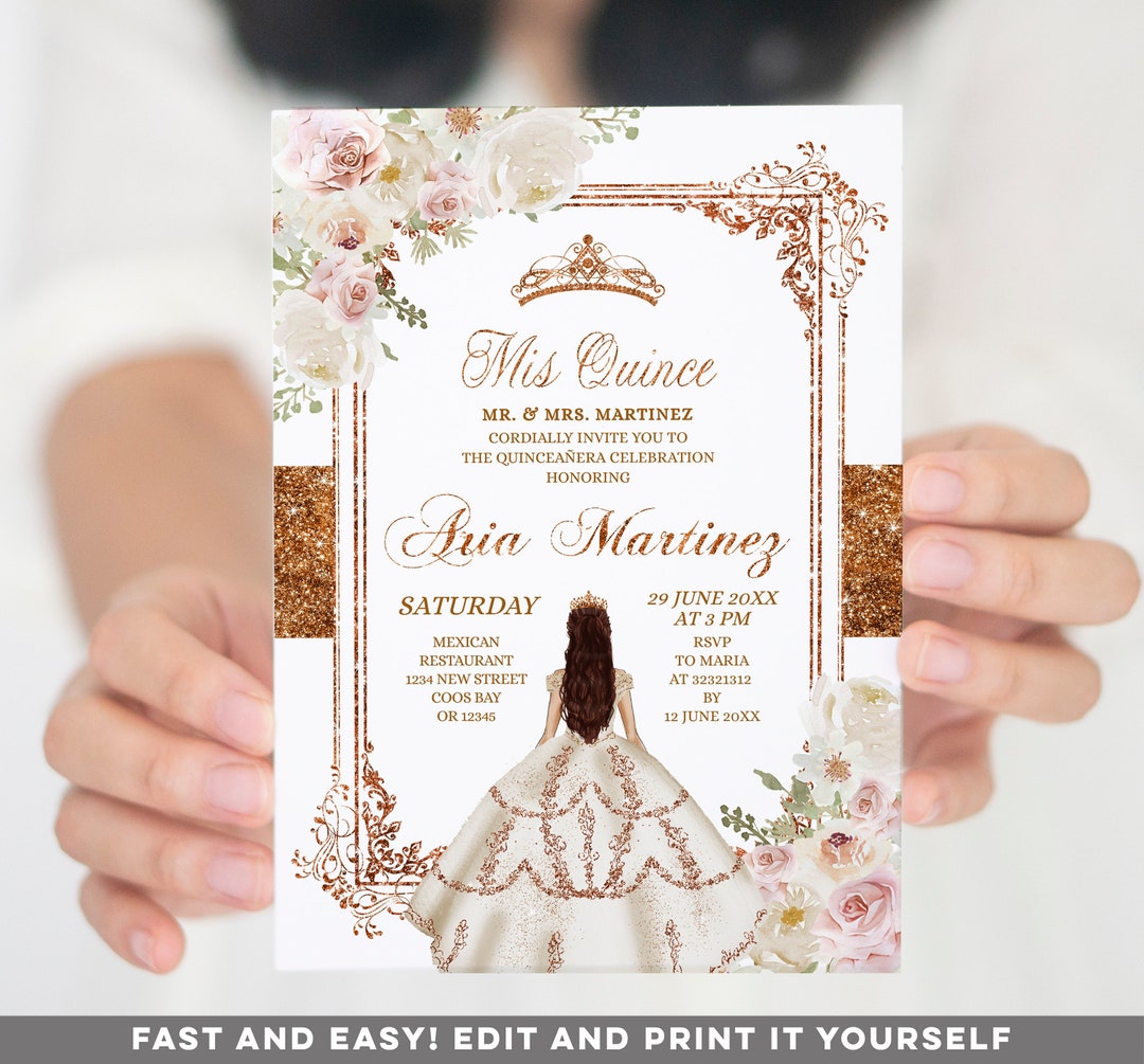 Editable Blush Pink Mis Quince Crown Invitation, Elegant Ivory Dresses ...