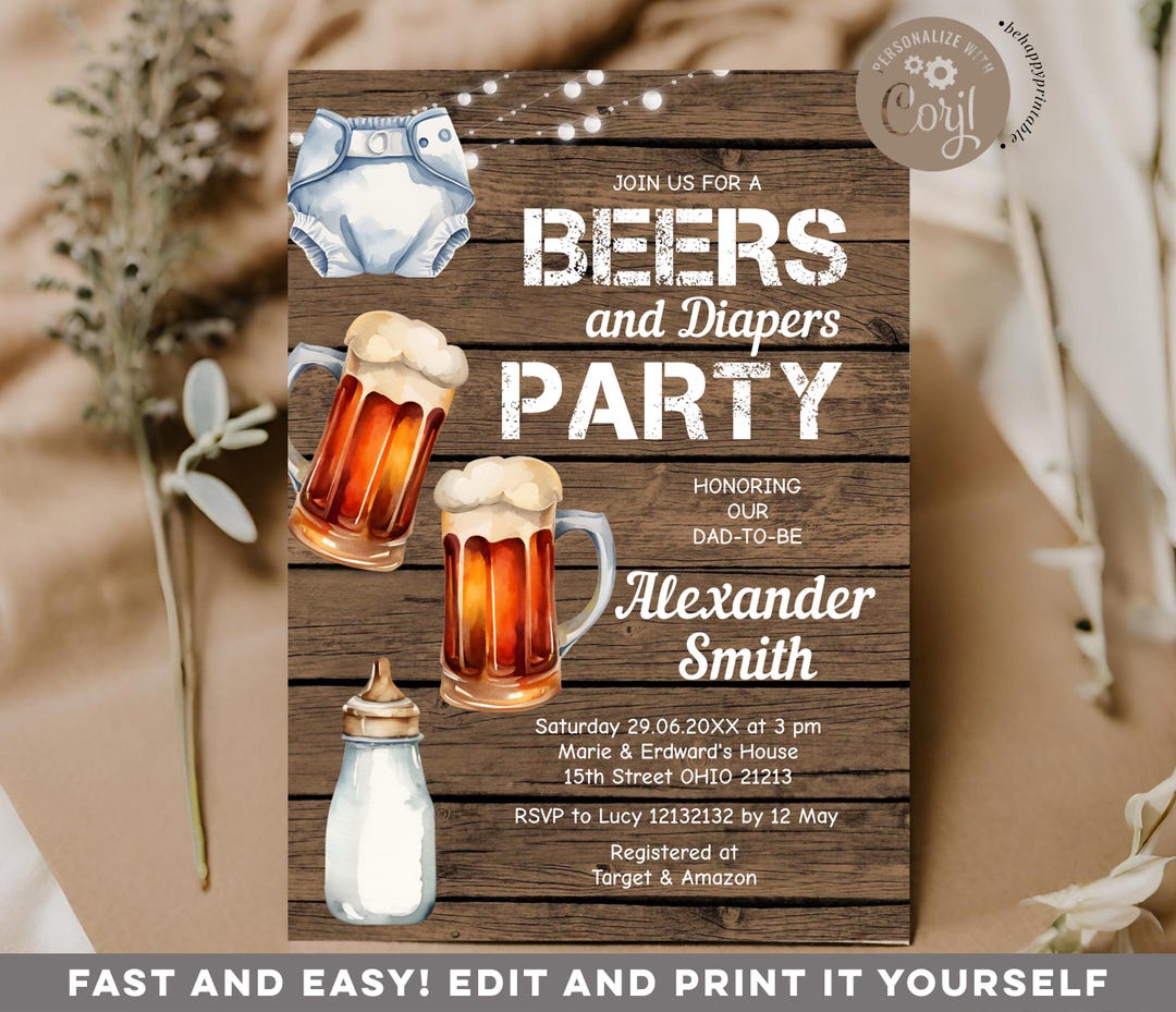 Editable Beers and Diapers Baby Shower Invitation, Wood Rustic Dad Baby ...