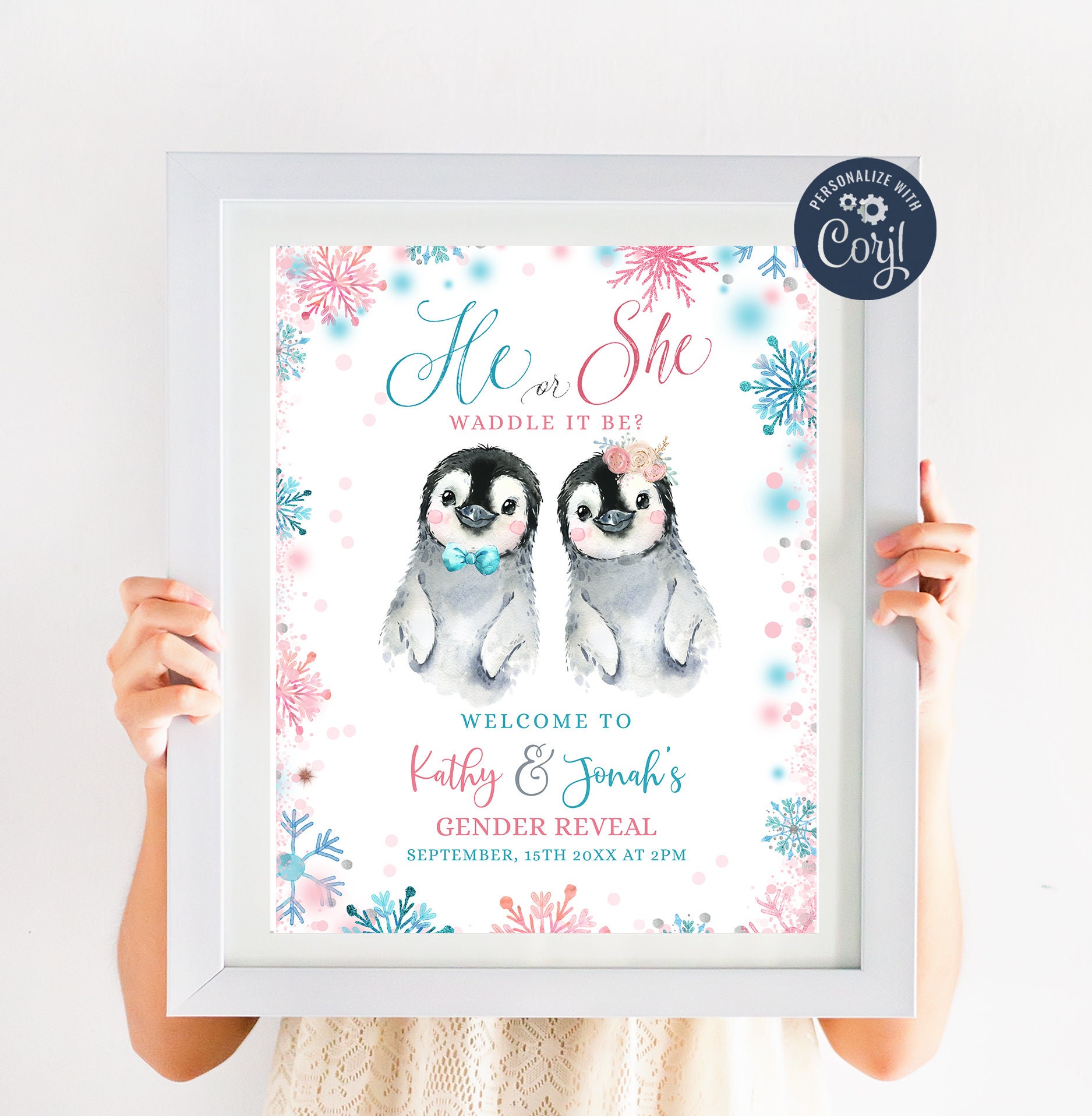Editable Penguin Winter Gender Reveal Welcome Sign He or She - Etsy