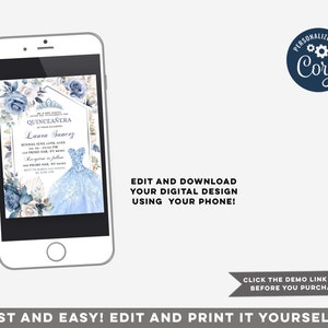 Editable Boho Dusty Blue Mis Quince Invitation, Dusty Blue Dress ...