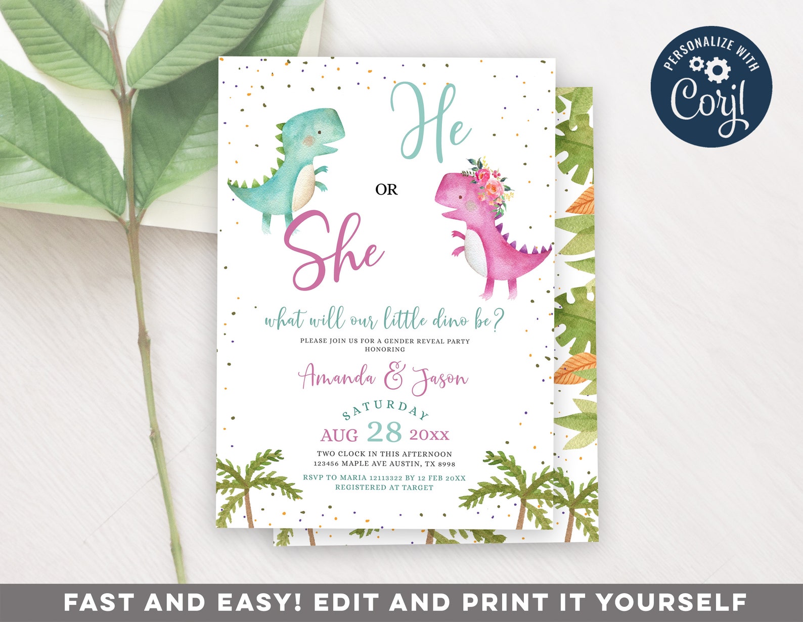 He or She Dinosaur Gender Reveal Invitation, Editable Blue and Pink ...