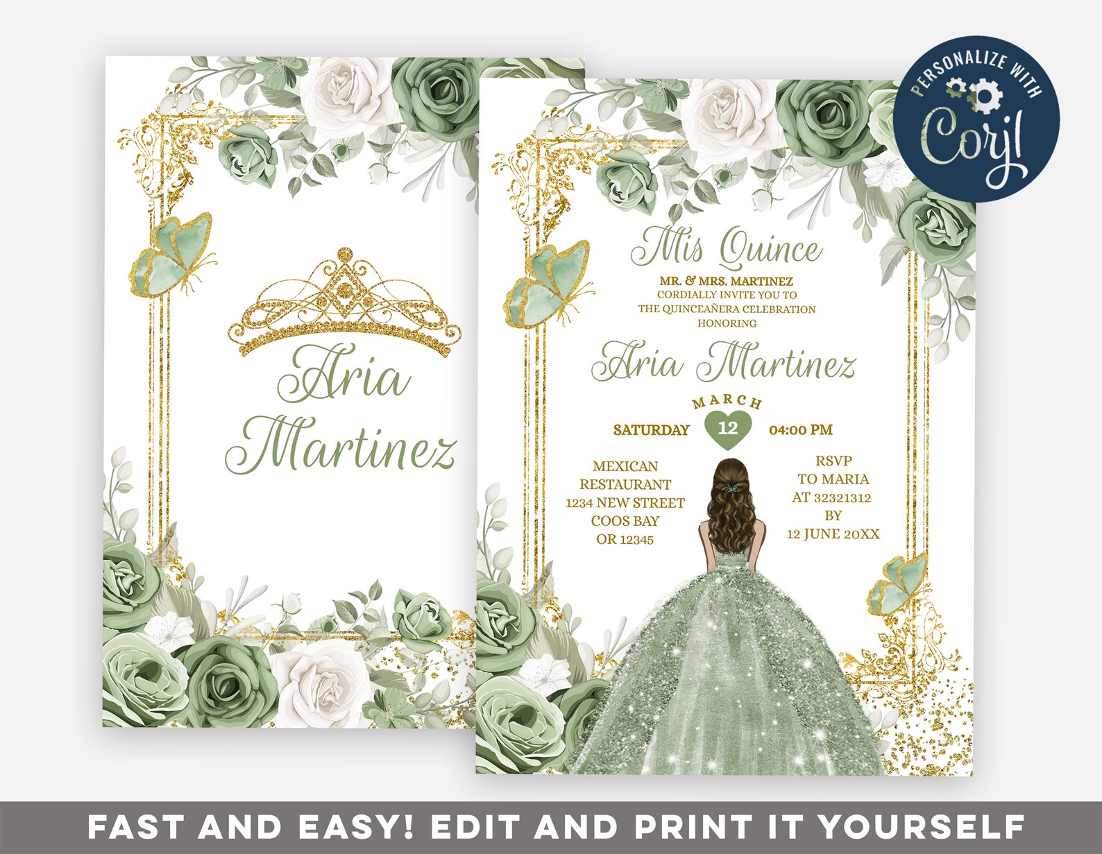Sage Green & Gold Mexican Princess 15 Anos Mis Quince Invitation ...