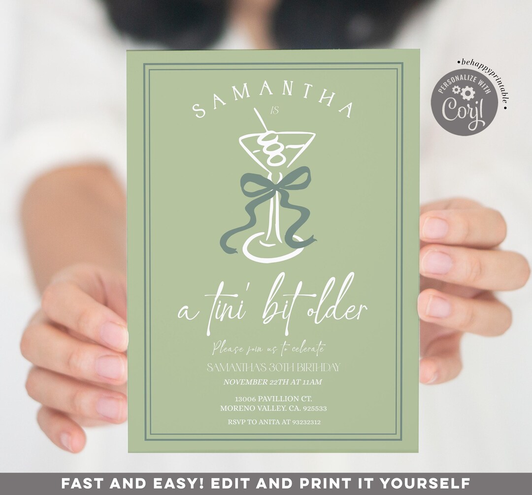 Editable Tini Bit Older Hand Drawn Olive Birthday Invitation, Retro ...