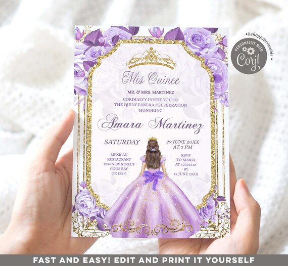 Editable Lilac Quiñceanera Invitation Floral Lilac Dress and - Etsy