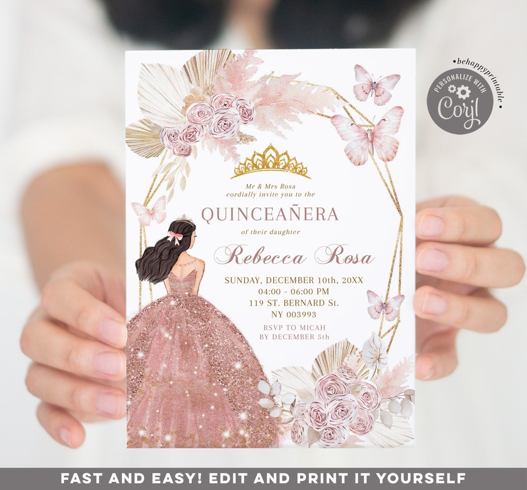 Editable Pretty Blush Pink Boho Royal 15 Años Invitation, Pink Dress ...