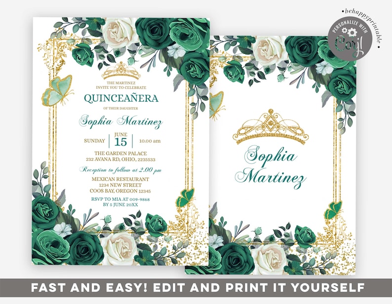 Editable Emerald Green Mexican Charra Mis Quince Elegant - Etsy