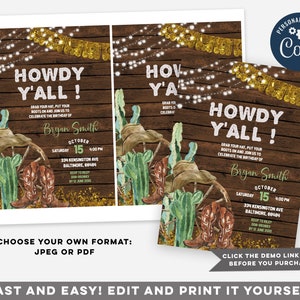 Editable Howdy Y'all Southwestern Rustic Wood Birthday Invitation ...