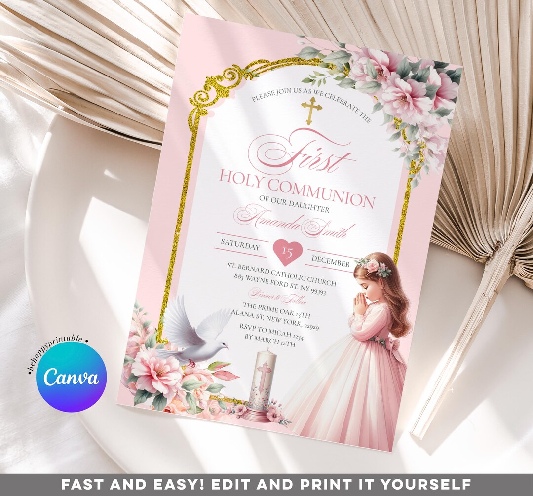 EDITABLE Blonde Girl Pink Floral First Holy Communion Cross Invitation ...