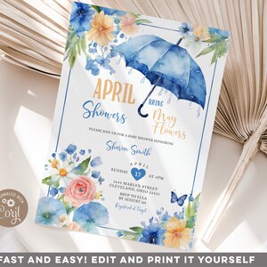 Editable Blue Umbrella April Showers Colorful Flowers Bring May Flowers ...