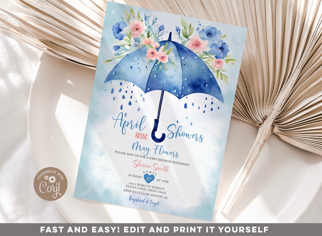 Editable Blue Umbrella April Showers Blue & Pink Flowers Bring May ...