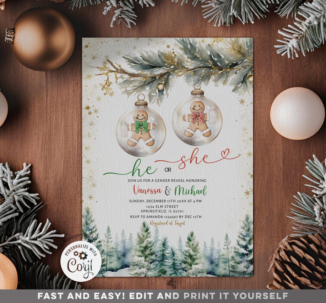 Editable He or She Cookies Baubles Gender Reveal Invite, Gingerbread ...