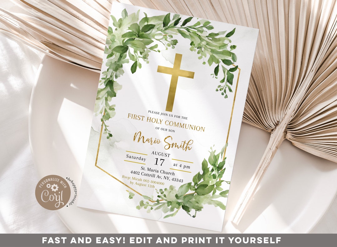 Editable Gold Greenery Holy Communion Invitation, Modern Botanical ...