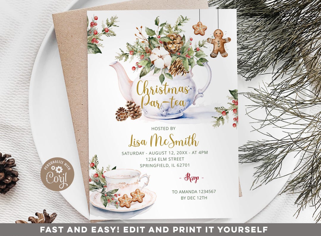 Editable Christmas Tea Party Invitation, Elegant Gingerbread Cookies ...