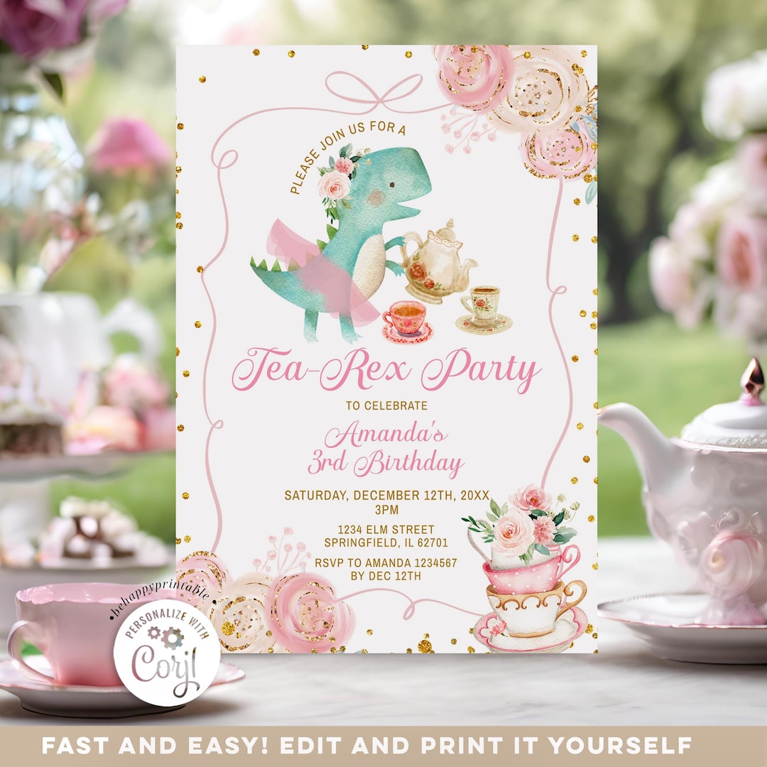 Editable Tea-rex Tutu Party Dinosaur 3rd Birthday Invitation, Elegant ...