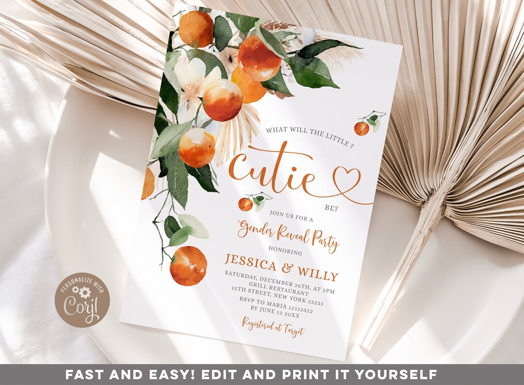 Editable Orange Gender Reveal Party Invitation, Boho Pampas Grass What ...