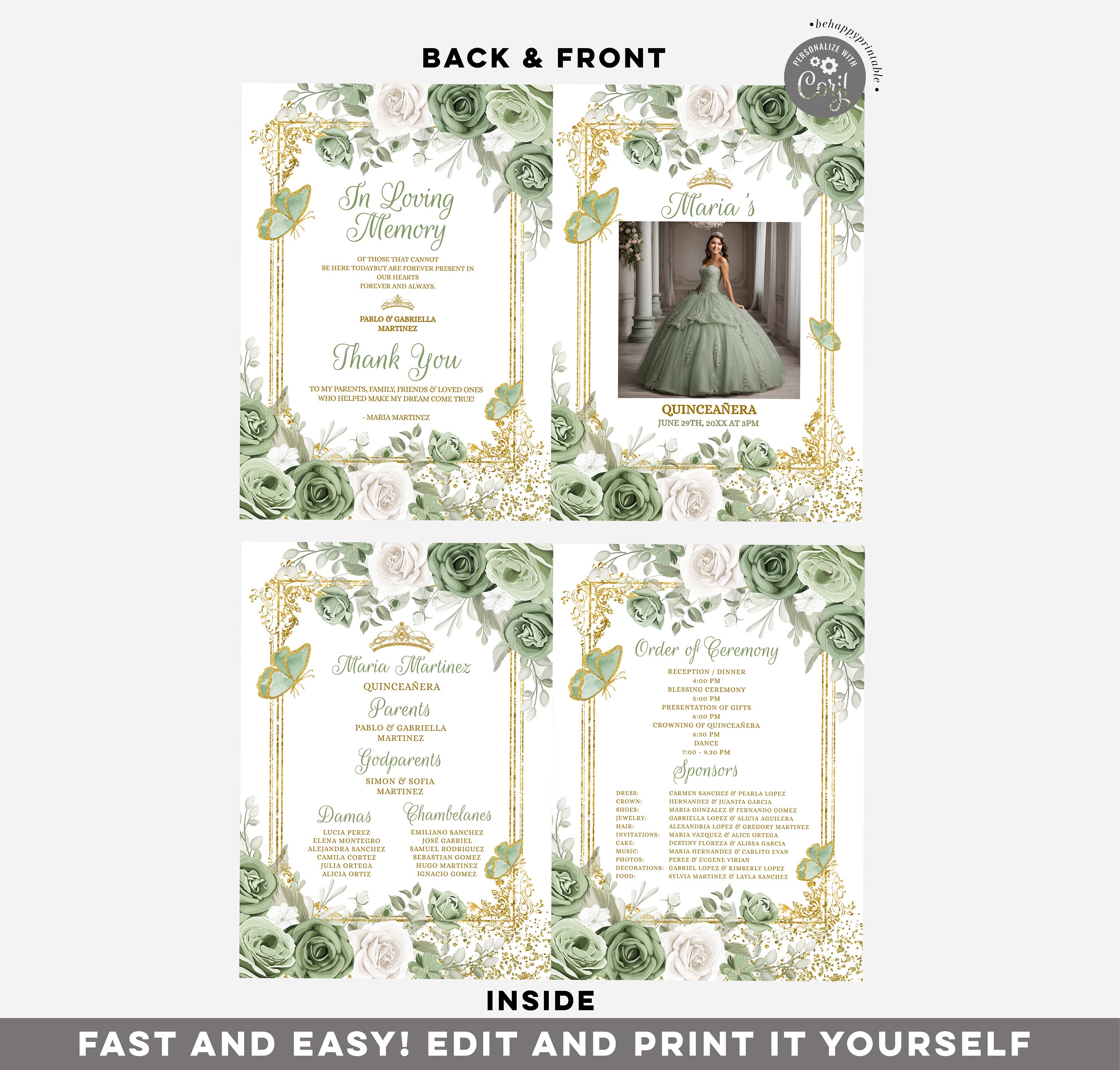 Editable Sage Green Quinceañera Program Template, Mexican Green Floral ...