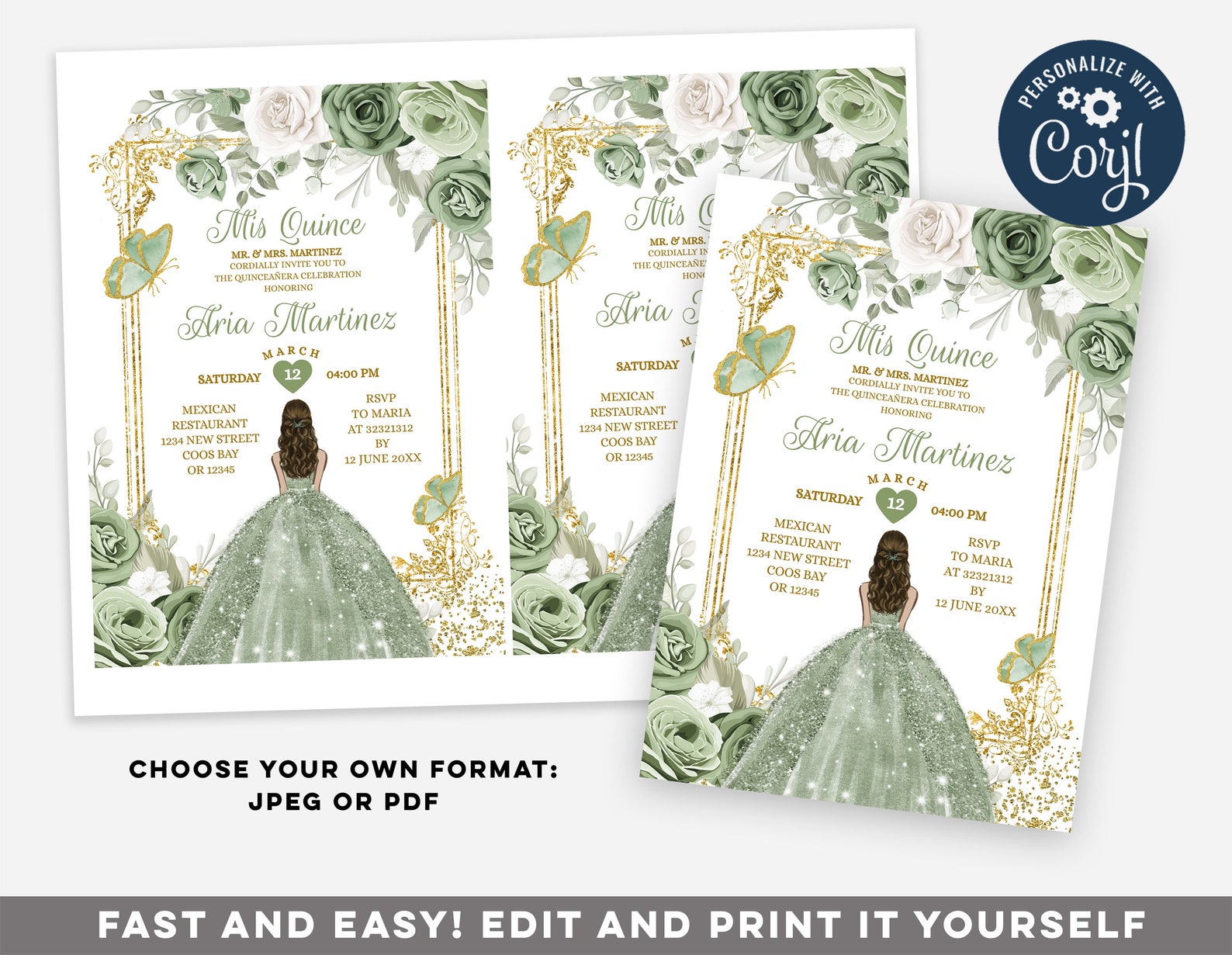 Sage Green & Gold Mexican Princess 15 Anos Mis Quince Invitation ...