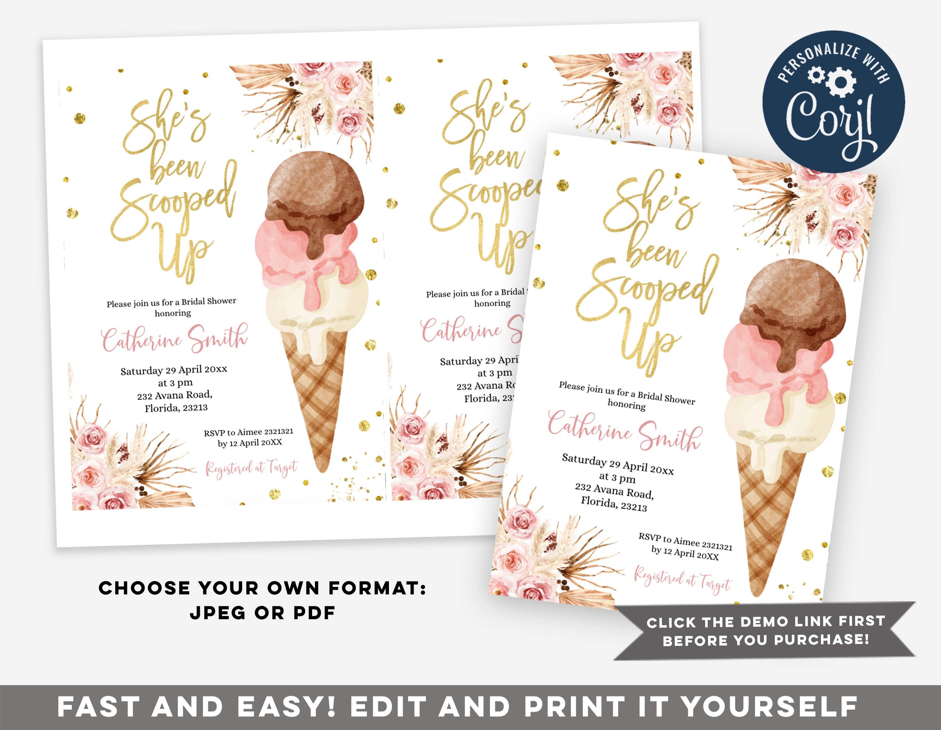 Editable Boho Ice Cream Bridal Shower Invitation Bohemian - Etsy