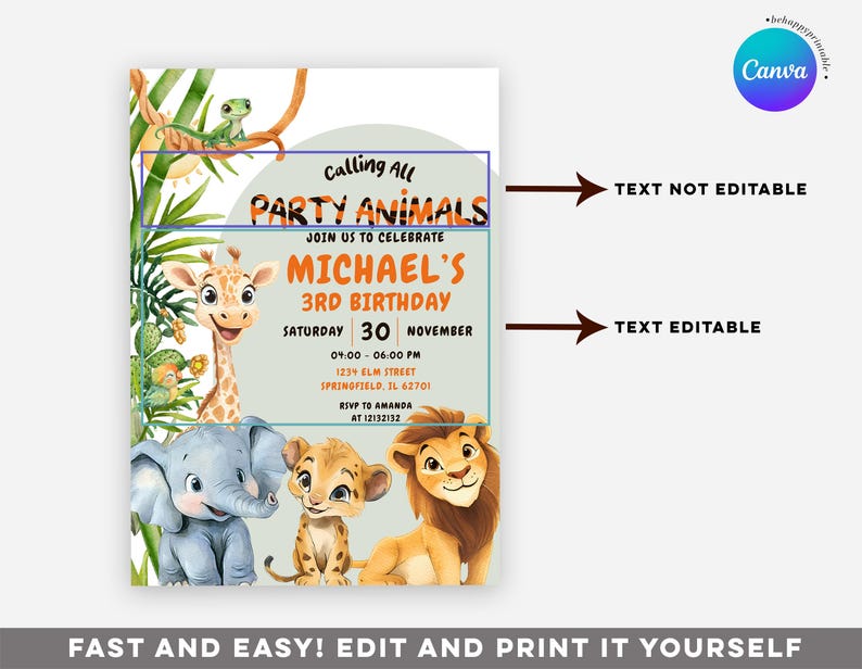EDITABLE Calling All Party Animals Boy Jungle Birthday Invitation ...