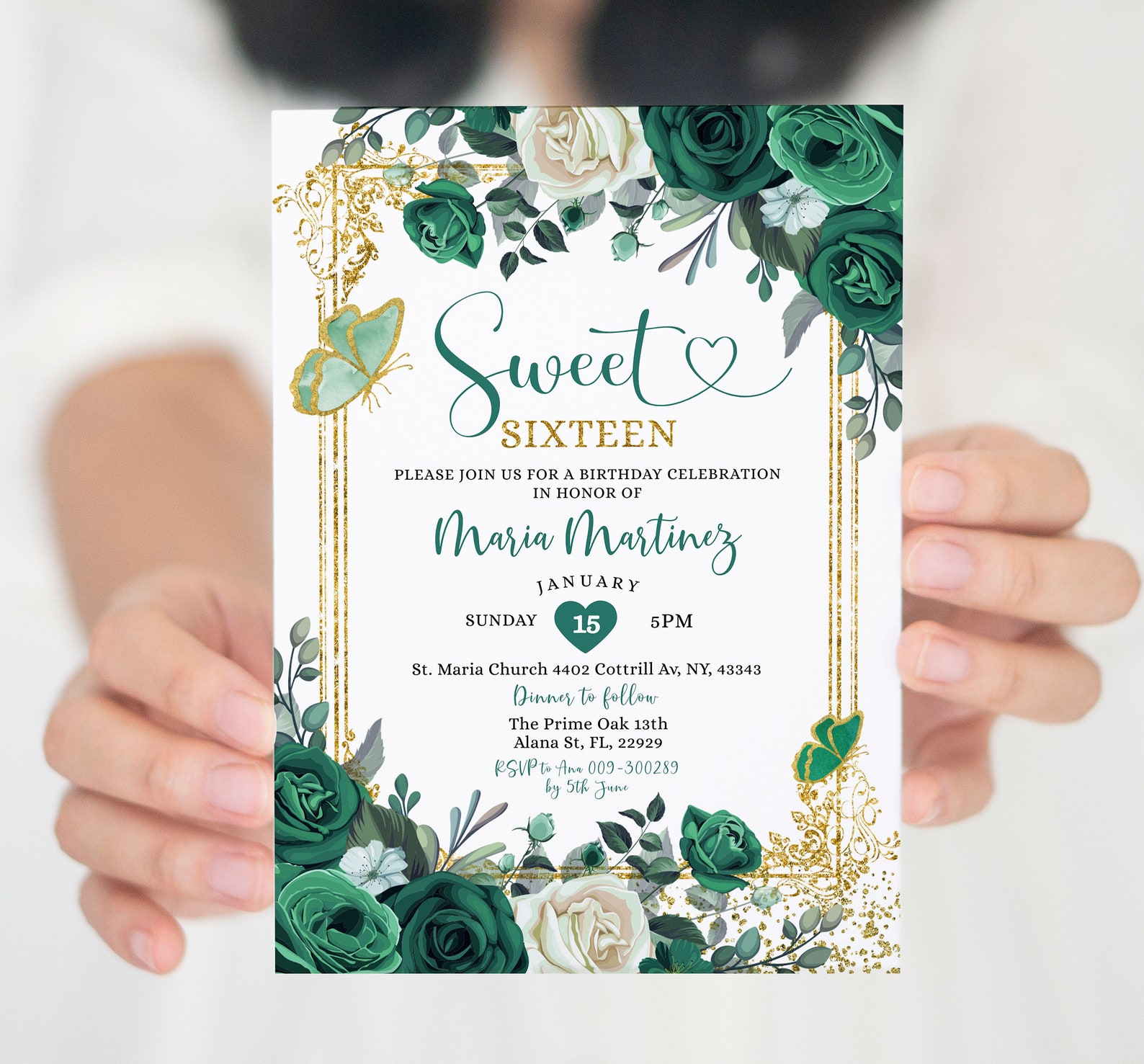 Editable Sweet 16 Emerald Green Birthday Invitation, Emerald Green ...