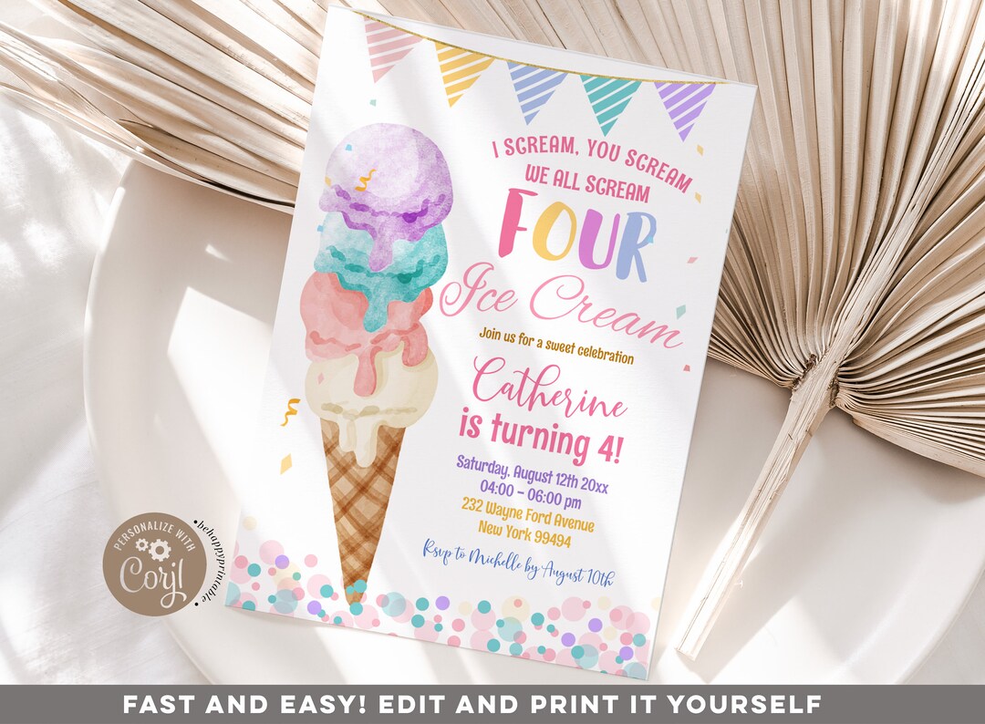 Editable We Scream Four Ice Cream Fourth Birthday Invitation, Colorful ...