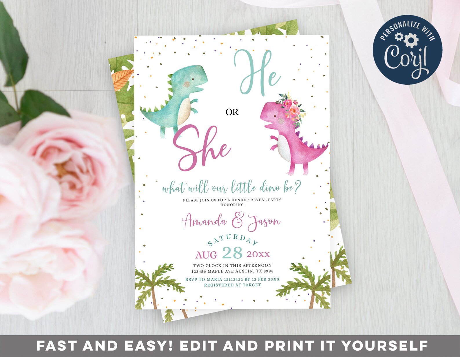 He or She Dinosaur Gender Reveal Invitation, Editable Blue and Pink ...