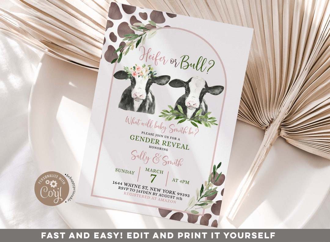 Editable Cow Farm Gender Reveal Invitation, Cow Pattern Gender Reveal ...