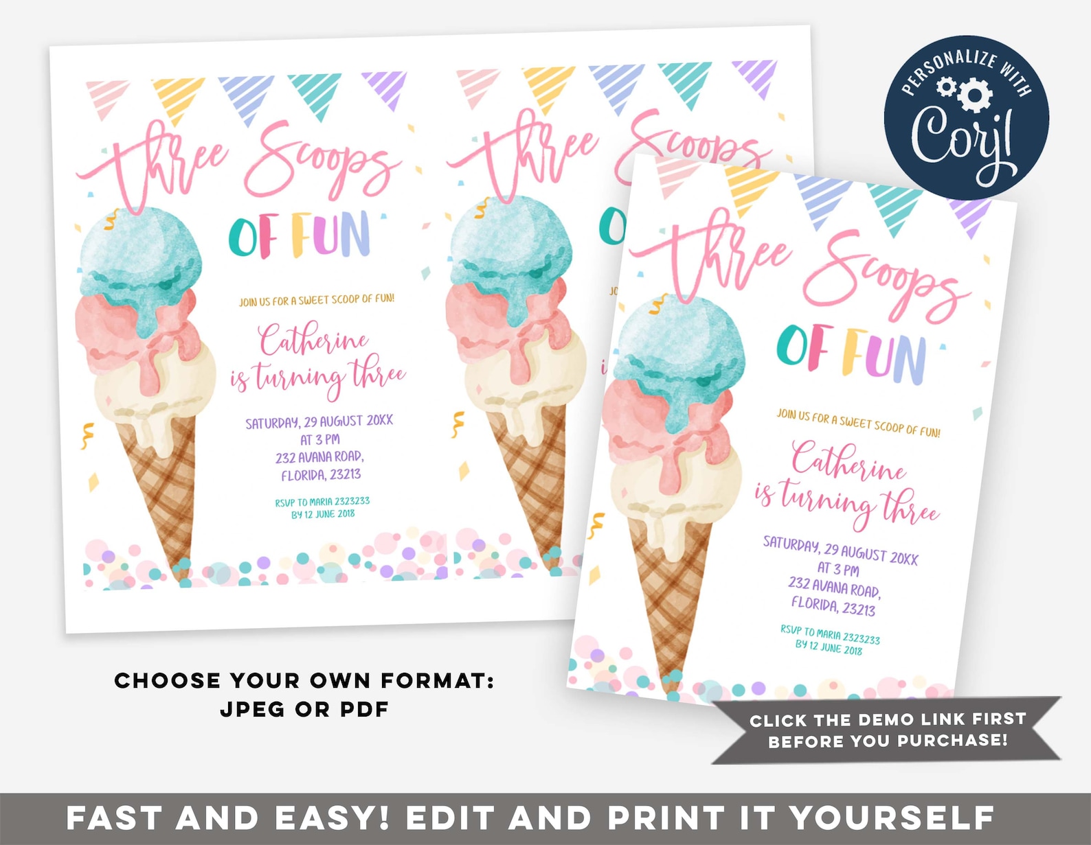 Editable Three Scoops of Fun 3rd Birthday Party Invitation, Gold ...
