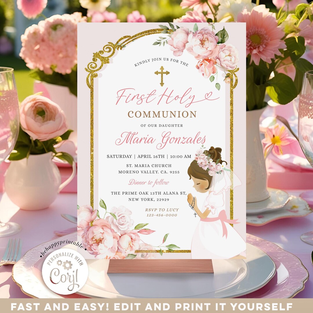 EDITABLE White & Blush Pink 1st Holy Communion Invitation, Gold Primera ...