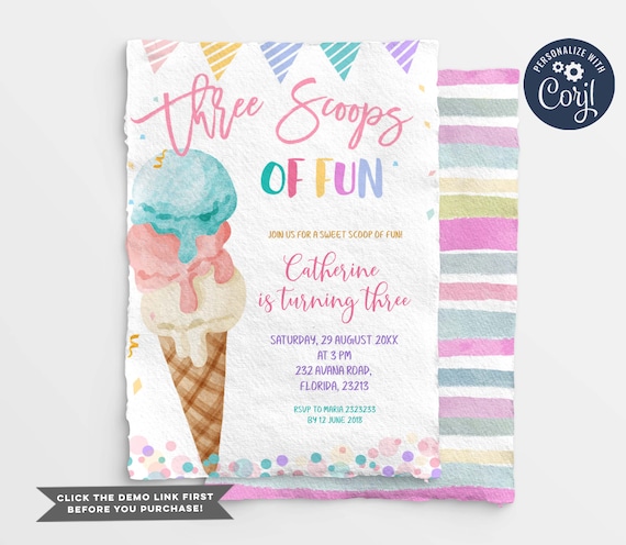 Editable Three Scoops of Fun 3rd Birthday Party Invitation - Etsy