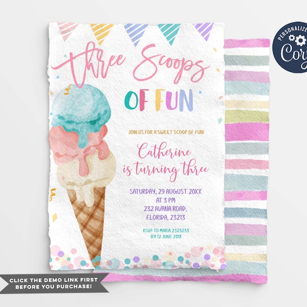 Printable Ice Cream Three Scoops Of Fun Birthday Party Invitation Etsy