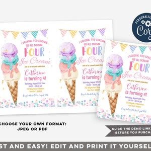 Editable We Scream Four Ice Cream Fourth Birthday Invitation, Colorful ...