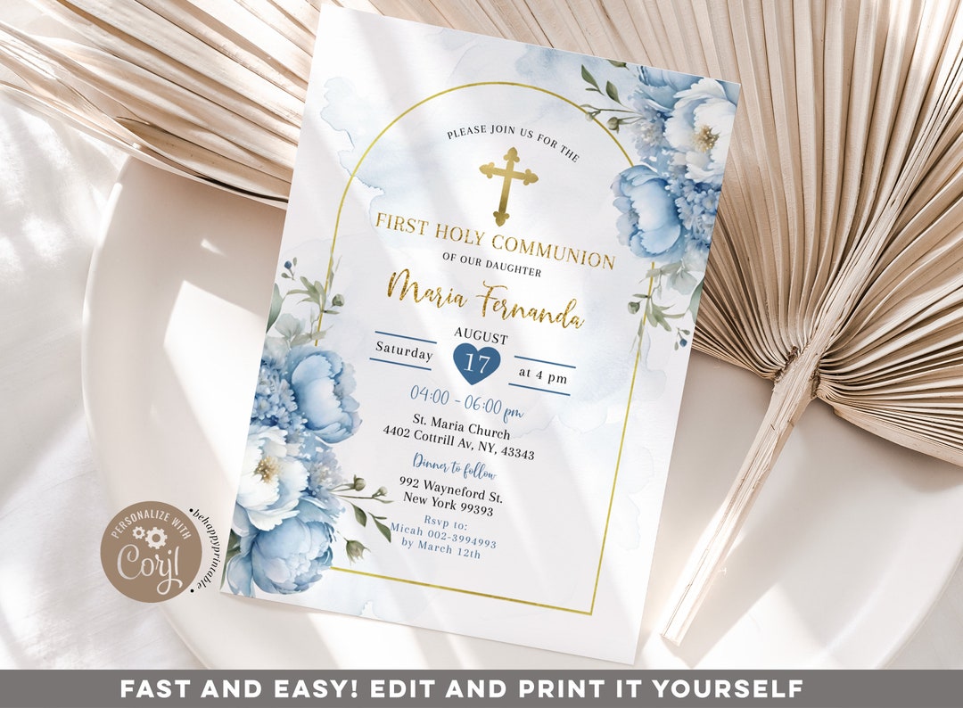 Editable Dusty Blue Gold Holy Communion Invitation, Elegant Baby Blue ...