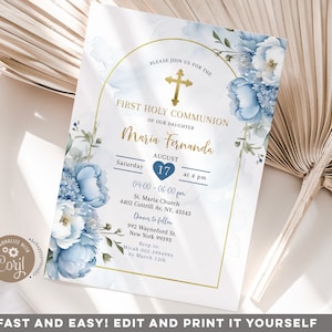 Editable Dusty Blue Gold Holy Communion Invitation, Elegant Baby Blue ...
