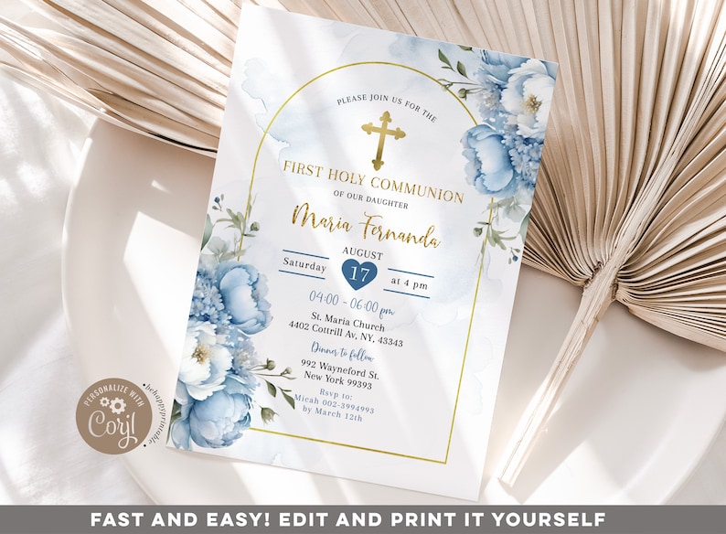 Editable Dusty Blue Gold Holy Communion Invitation, Elegant Baby Blue ...