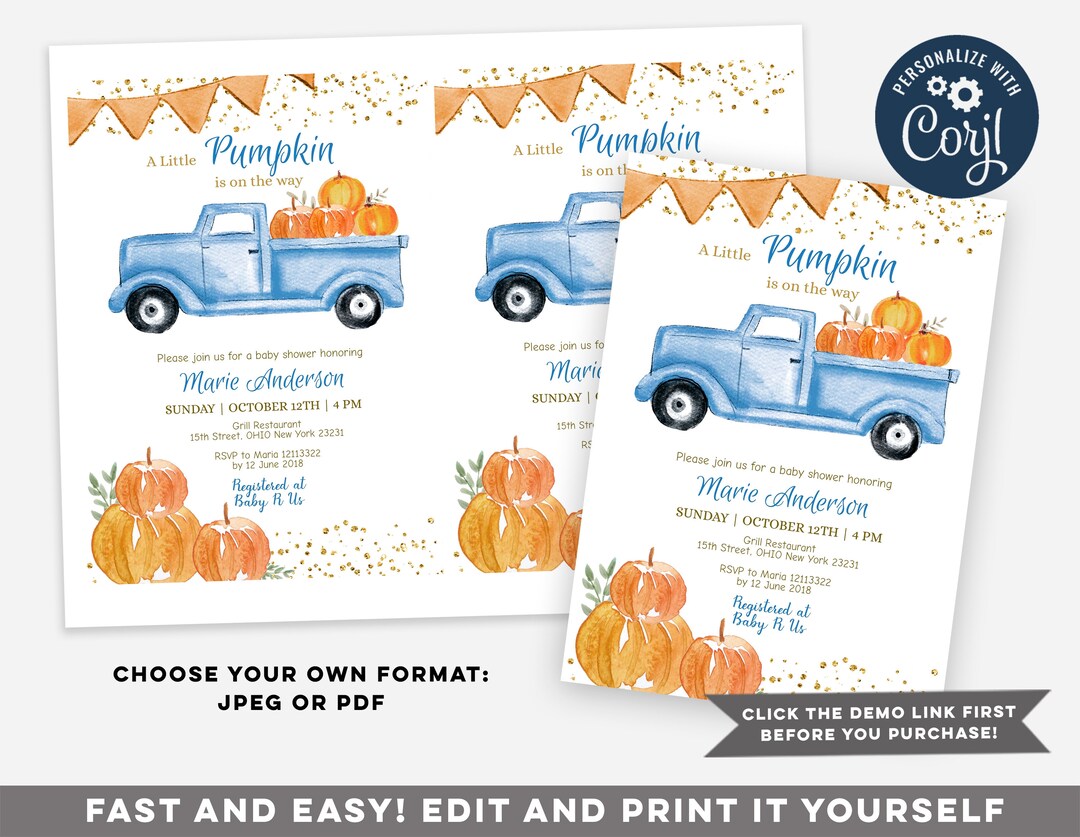 Editable Blue Truck Baby Shower Pumpkin, Blue Truck Rustic Baby Boy ...