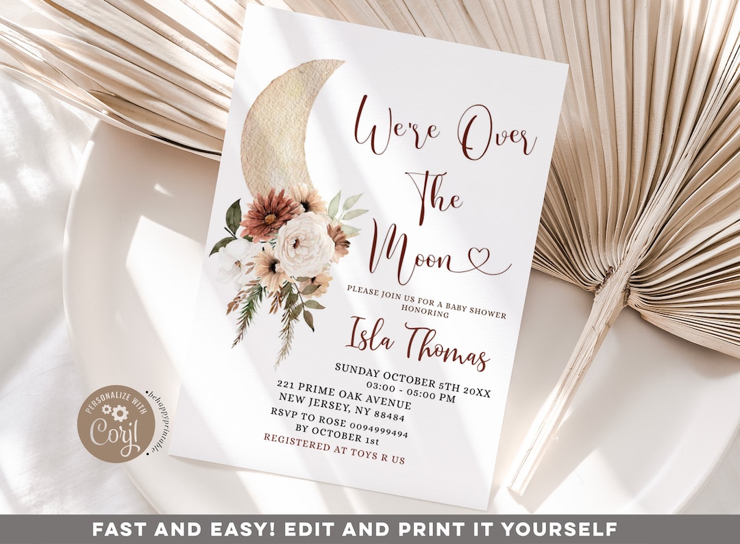 Editable Over the Moon Baby Shower Theme Invitation, Beige Moon Floral ...