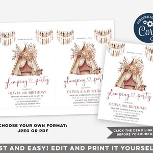 Editable Boho Glamping Birthday Party Invitation, Boho Teepee Sleepover Party, Kid's Glamping ...