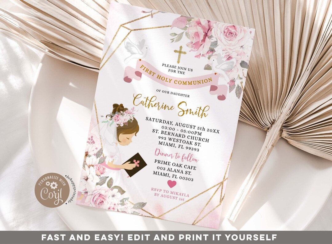 Editable Soft Blush Pink Rose Girl First Holy Communion Invitation ...