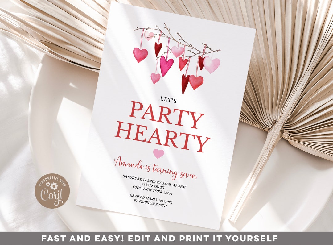 EDITABLE Let's Party Hearty Valentine's Birthday Balloon Invitation ...