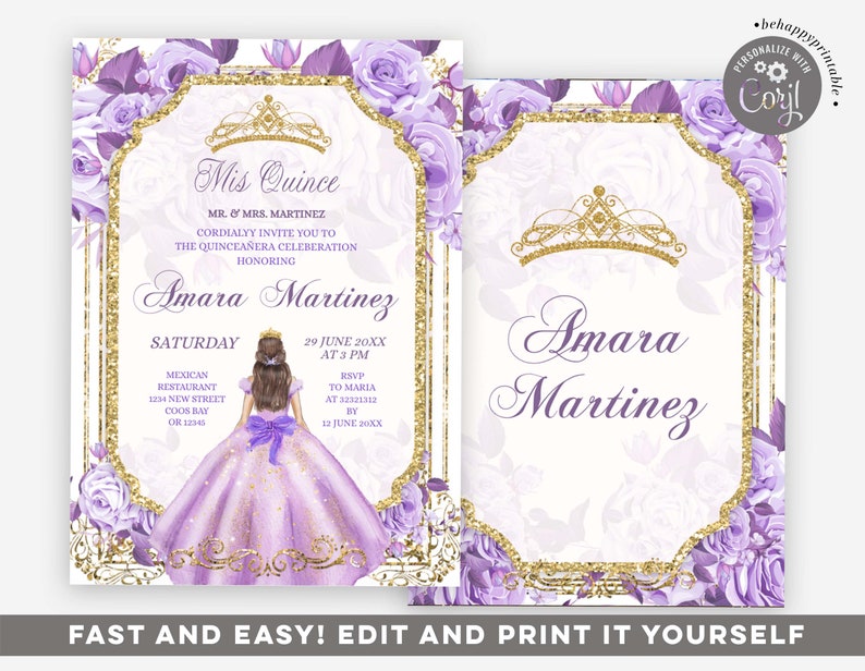 Editable Lilac Quiñceanera Invitation Floral Lilac Dress and - Etsy