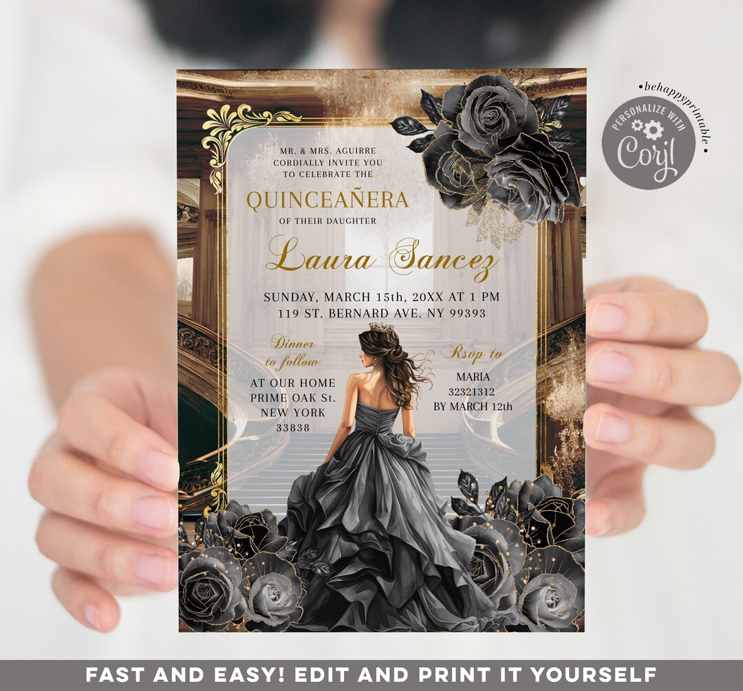 Editable Gold Black Rose Princess Quinceanera Invitation, Elegant Gold ...