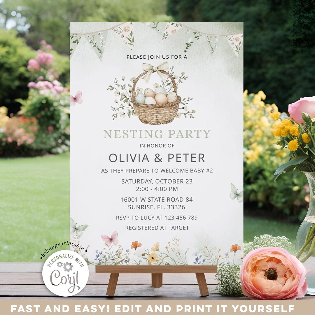 Editable Girl Nesting Party Baby Shower Sage Green Invitation, Bird ...