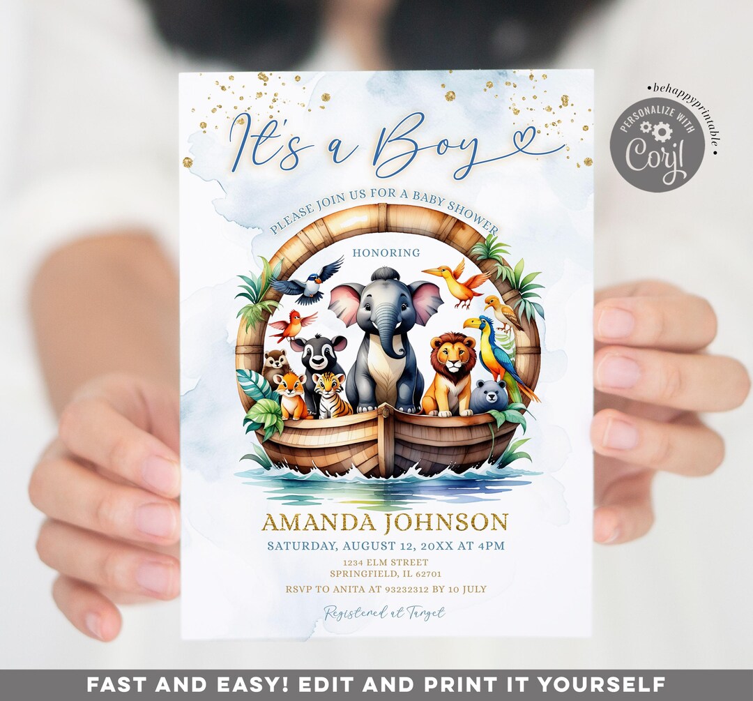 Editable Boy Noah's Ark Baby Shower Invitation, Cute Animal Noah's Ark ...