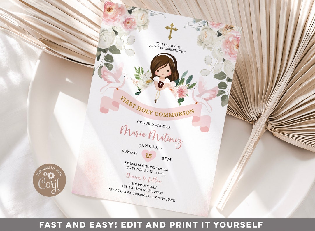 EDITABLE Girl Pink Floral 1st Holy Communion Holy Spirit Invitation ...